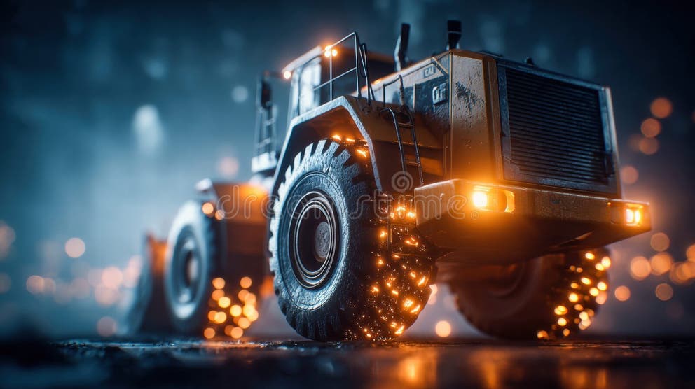 Dramatic View of a Heavy-duty Construction Loader with Bright Lights at ...
