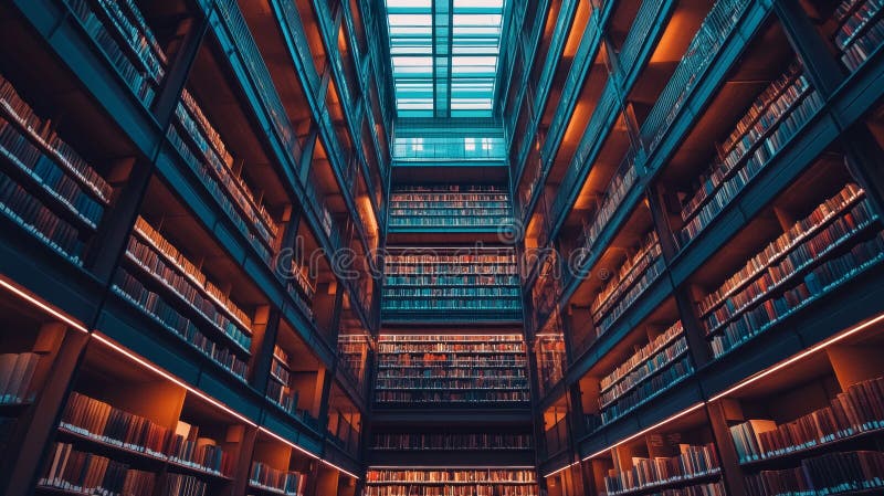 Dramatic View of an Illuminated Modern Library Interior Stock Image ...