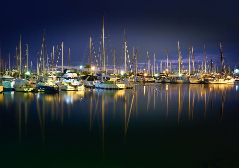 Dramatic View of the Illuminated Yachts Parked at the Manly Marina ...