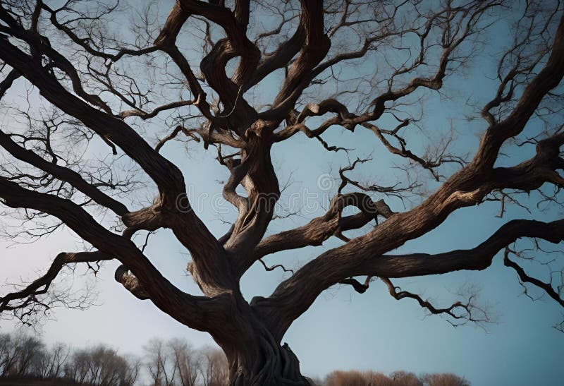 A Dramatic View of a Large, Twisted Tree with Bare Branches Against a ...