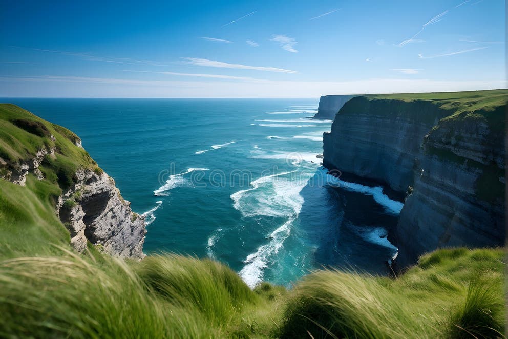 Dramatic View of Lush Undulating Cliffs with Breaking Ocean Waves Stock ...