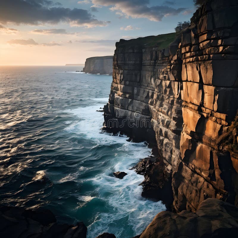 Dramatic View of Lush Undulating Cliffs with Breaking Ocean Waves Stock ...