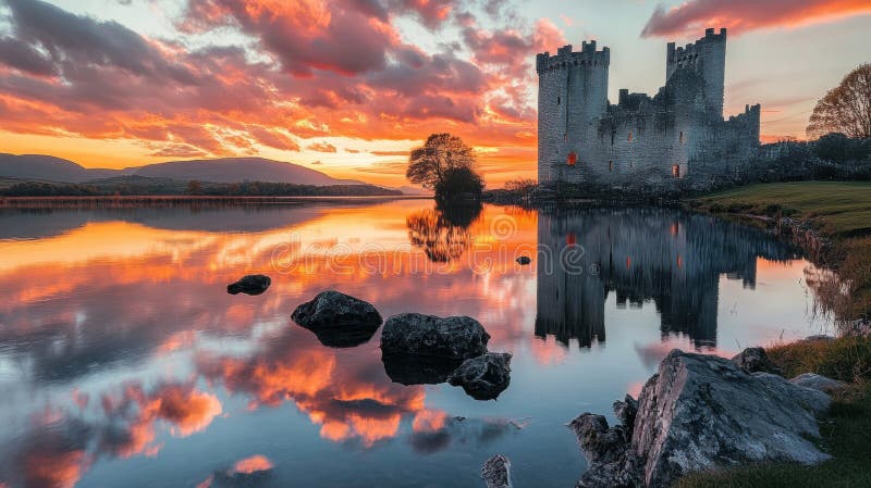 Dramatic View of a Medieval Castle Reflected in a Still Lake Stock ...