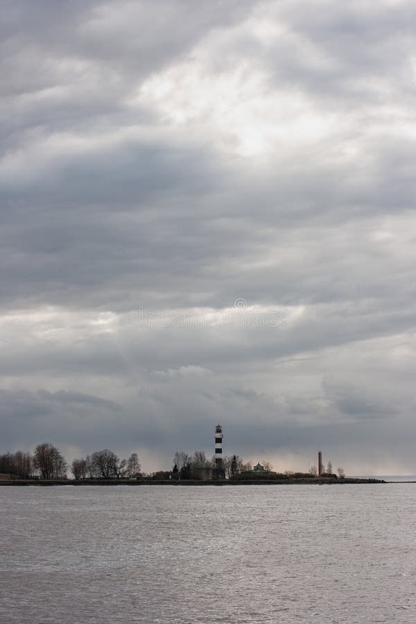 Dramatic View with Overcast Sky of a White Ship Warning Beacon Built on ...