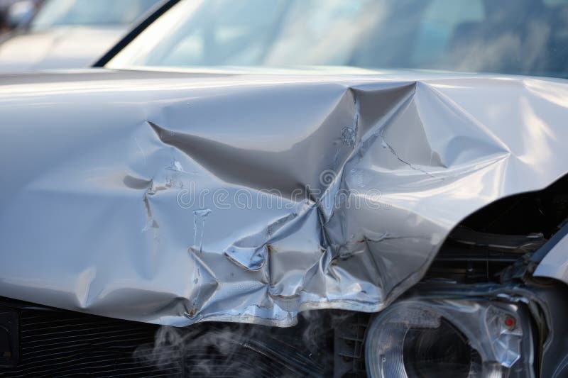 Dramatic View of a Severely Damaged Silver Car after a Road Traffic ...