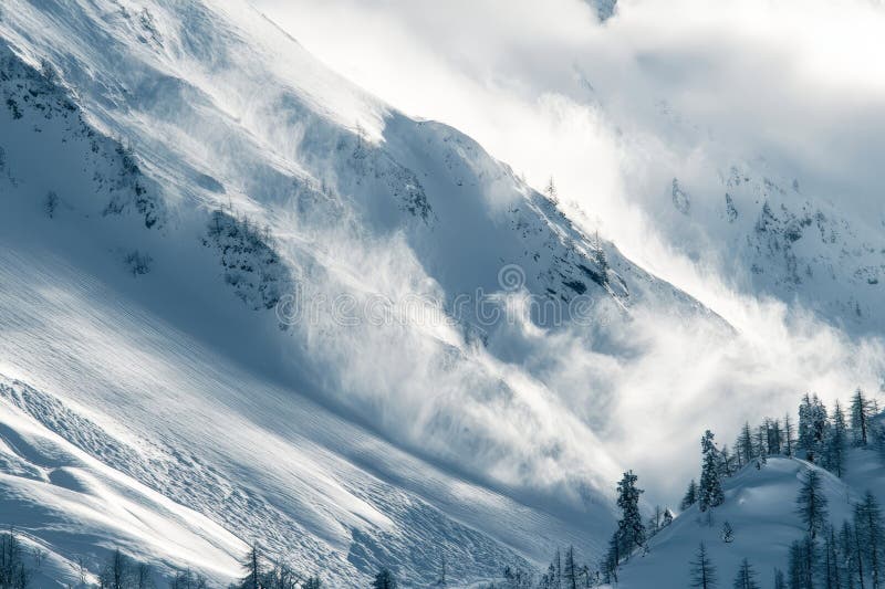 Dramatic View of Snow-covered Mountain Slopes with Windblown Snow ...