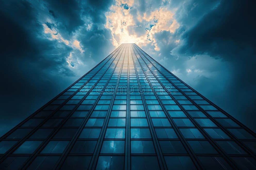 Dramatic View of Tall Skyscraper with Dark Reflective Windows Under ...