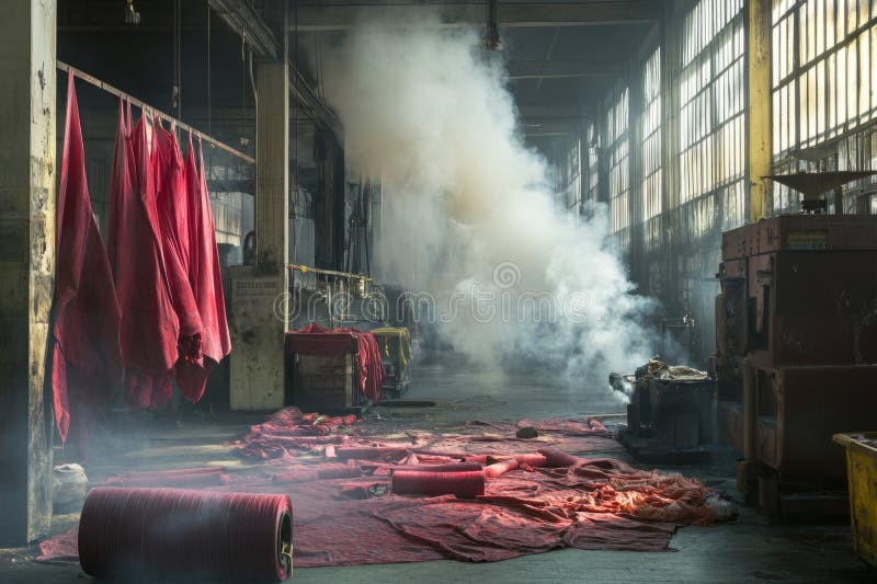 A Dramatic View of a Textile Workshop Filled with Smoke. Red Fabrics ...