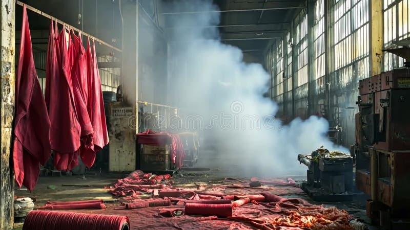 A Dramatic View of a Textile Workshop Filled with Smoke. Red Fabrics ...