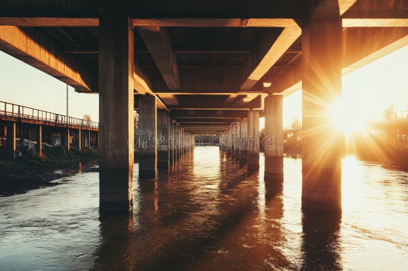 A Dramatic View Under a Concrete Bridge with Golden Sunlight Streaming ...