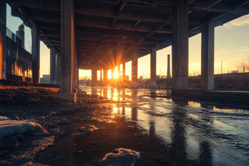 A Dramatic View Under a Concrete Bridge with Golden Sunlight Streaming ...