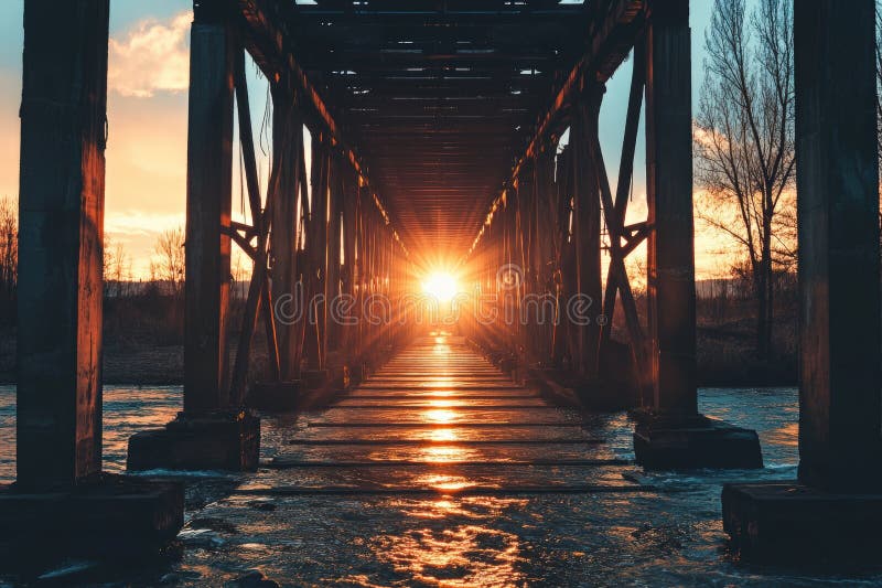 A Dramatic View Under a Concrete Bridge with Golden Sunlight Streaming ...