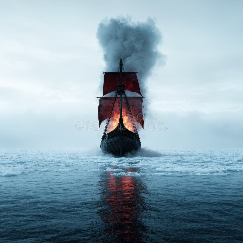 Dramatic Viking Ship Sailing through Icy Waters Stock Illustration ...