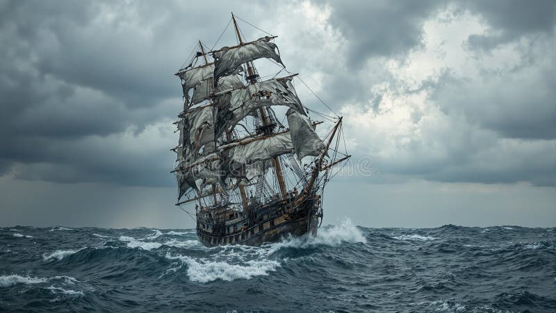 Dramatic Vintage Sailing Ship Battling Stormy Seas Under Thunderous Sky Stock Illustration ...