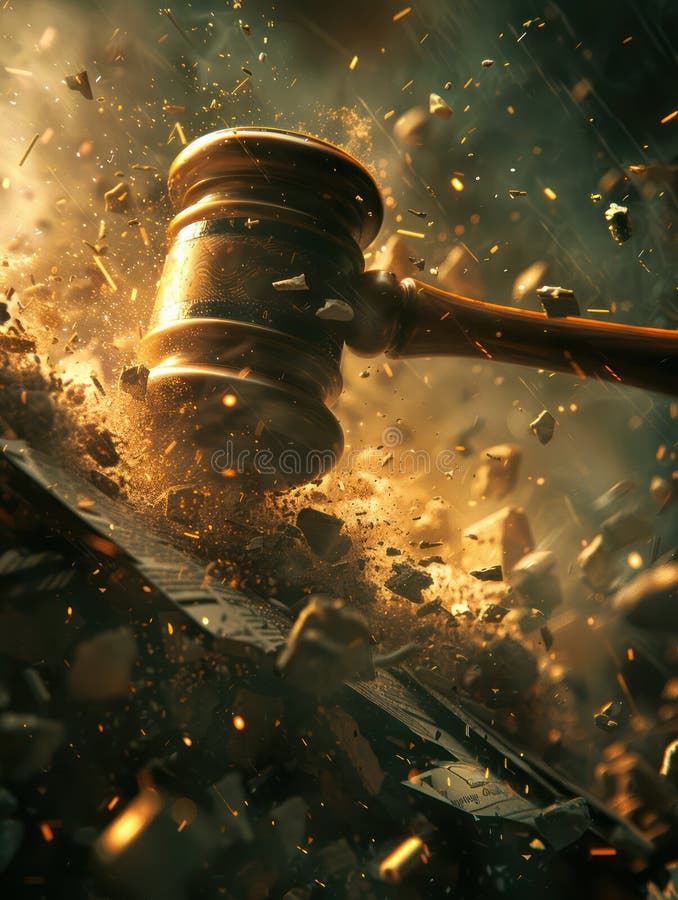 Dramatic Explosion of Justice Powerful Judge Gavel Smashing through Solid Ground Amongst Flying ...
