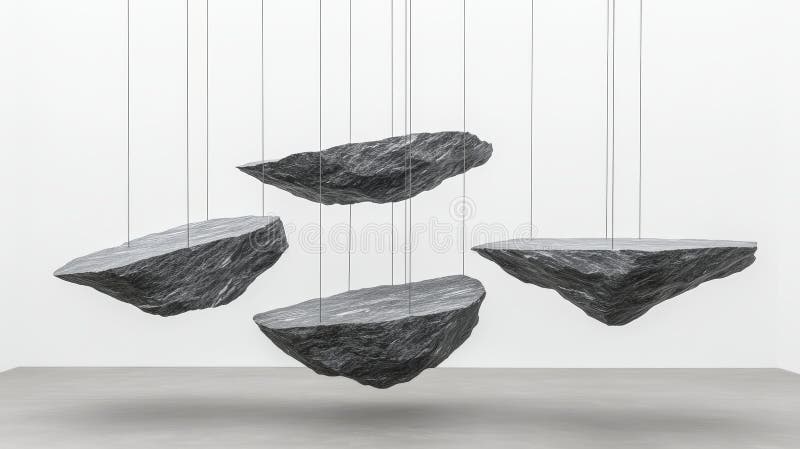 Dramatic Visual, Three Dark Rocks Suspended from a Ceiling, Creating an ...