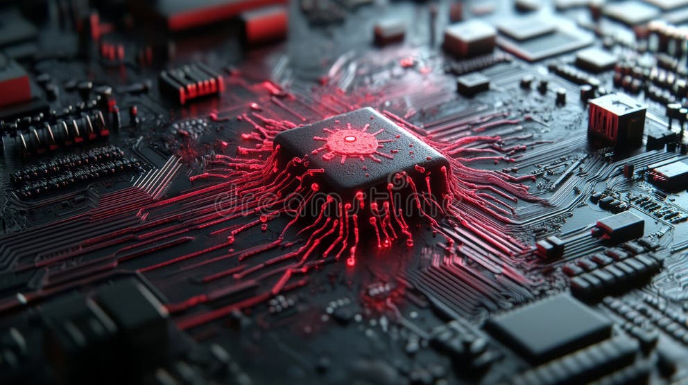 Dramatic Visualization of Computer Chip with Glowing Red Circuits ...