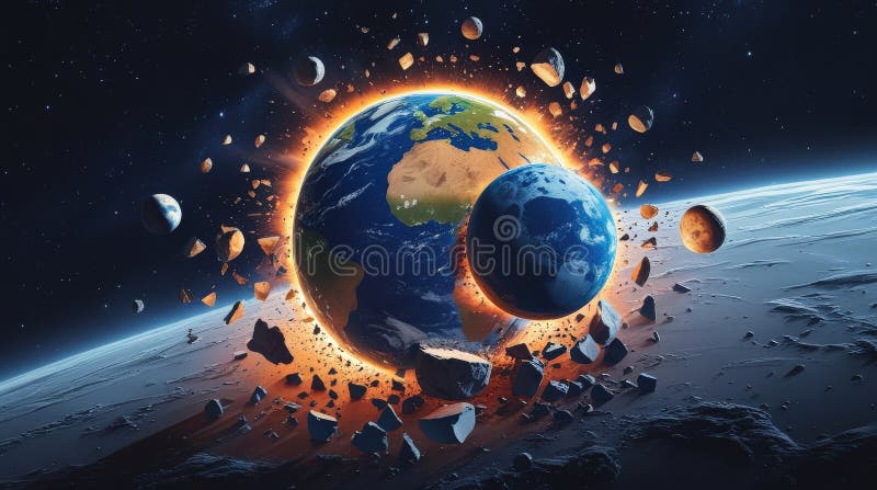 Dramatic Visualization of Earth and Moon Colliding in a Fiery Cosmic ...