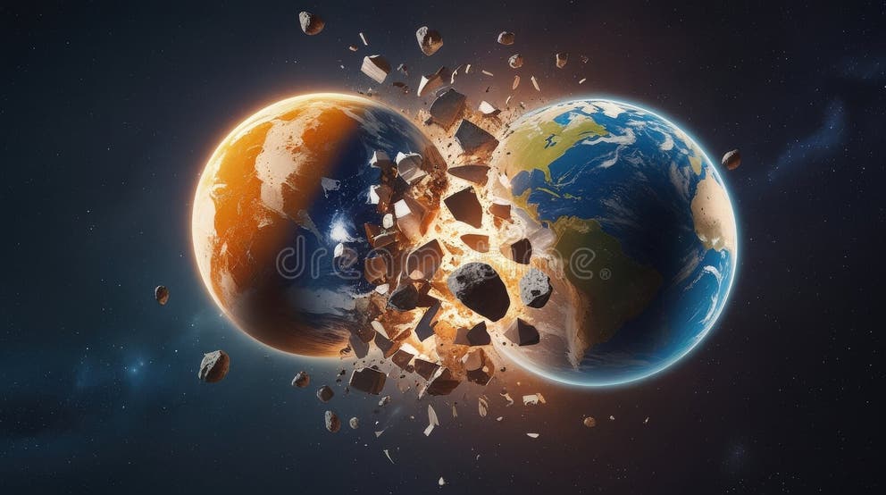 Dramatic Visualization of Earth and Moon Colliding in a Fiery Cosmic ...
