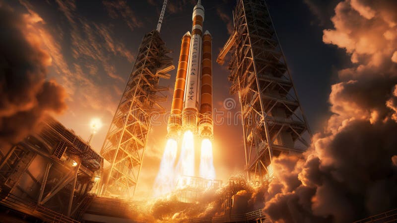 Dramatic Visualization of Rocket Ignition Sequence at Launch Stock ...