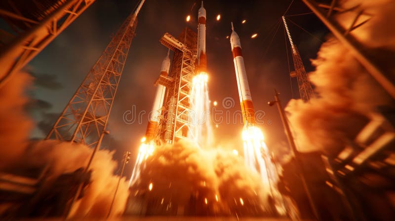 Dramatic Visualization of Rocket Ignition Sequence at Launch Stock ...