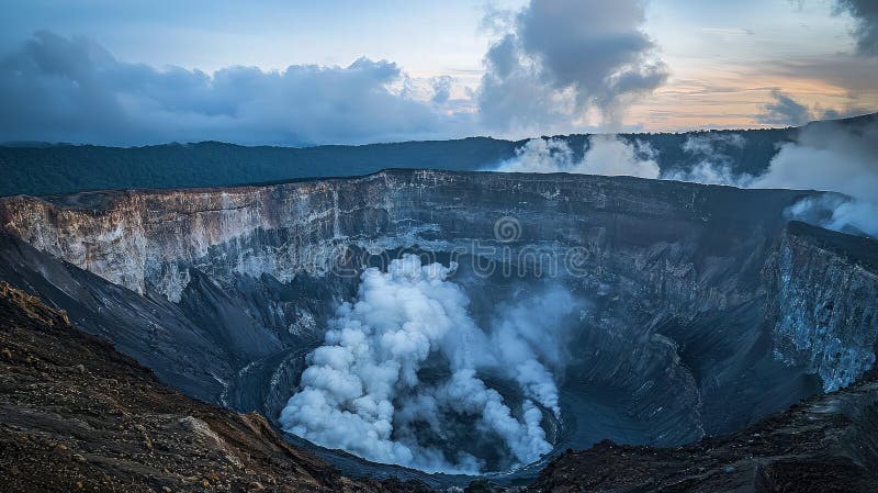 Dramatic Volcanic Crater with Smoke Billowing Out at Dusk Stock Image ...