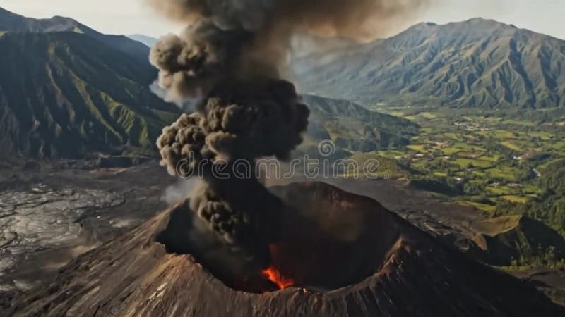 Dramatic Volcanic Eruption: Ash Cloud, Lava Flow, and Mountain ...