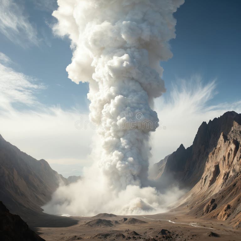 Dramatic Volcanic Eruption with Ash Clouds, Lava Flows, Molten Rocks in Mountain Range. Intense ...
