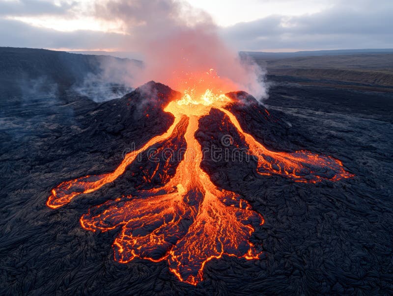 Dramatic Volcanic Eruption with Fiery Lava Flow Stock Illustration ...