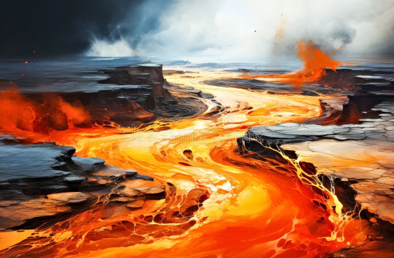 Dramatic Volcanic Eruption with Flowing Lava Stream in Diverse ...