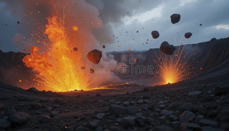 Dramatic Volcanic Eruption with Flying Rocks and Ash Against Cloudy Sky ...
