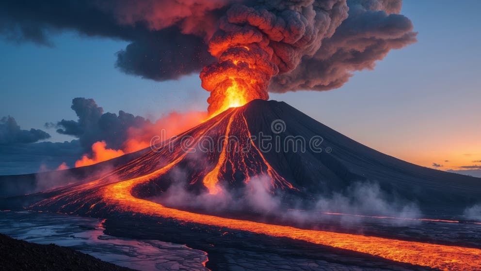 Dramatic Volcanic Eruption with Glowing Lava and Ash Clouds at Sunset ...