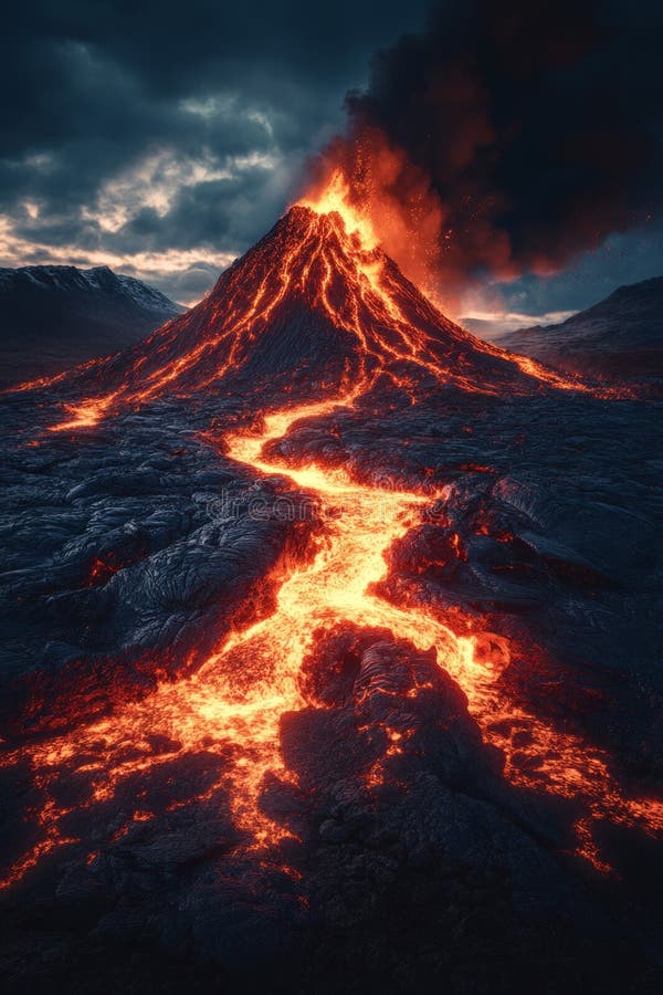 Dramatic Volcanic Eruption with Glowing Lava and Dark Smoke Stock Image ...