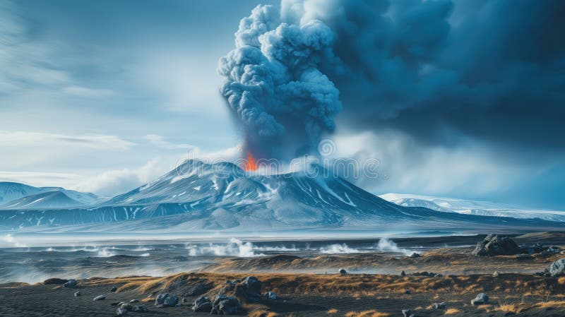 Dramatic Volcanic Eruption in Icy Landscape. Stock Image - Image of ...
