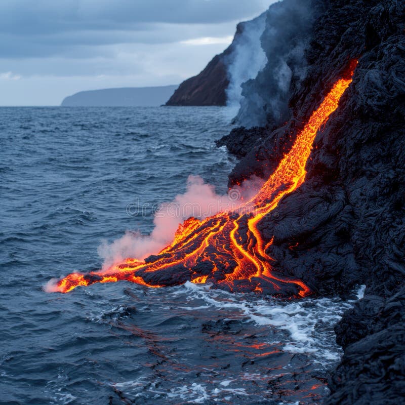 Dramatic Volcanic Eruption Lava Flow into Ocean Stock Illustration ...