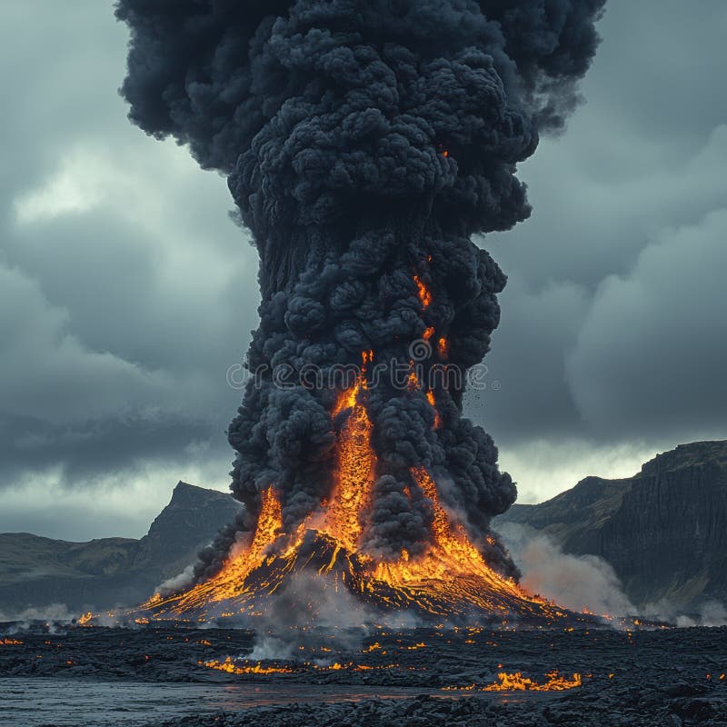 Dramatic Volcanic Eruption with Lava Flow and Thick Smoke in Rugged ...