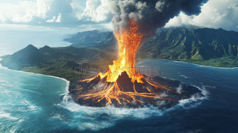 A Dramatic Volcanic Eruption with Lava Flowing into the Ocean, Set ...