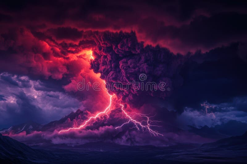 Dramatic Volcanic Eruption with Lightning and Dark Clouds in a Twilight ...