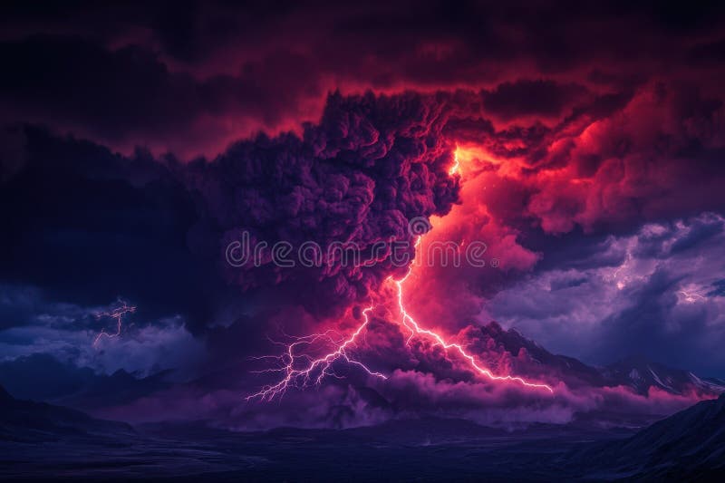 Dramatic Volcanic Eruption with Lightning and Dark Clouds in a Twilight ...