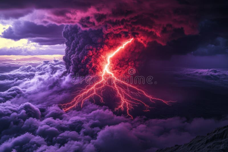 Dramatic Volcanic Eruption with Lightning Striking through Dark Storm ...