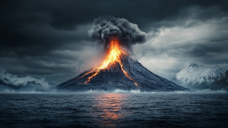 A Dramatic Volcanic Eruption Over the Ocean with Dark Clouds and ...