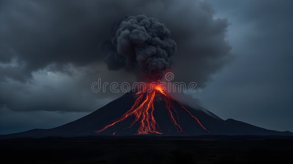 Dramatic Volcanic Eruption Spewing Fiery Lava and Thick Ash Clouds into ...
