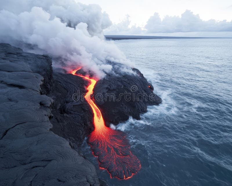 Dramatic Volcanic Eruption Spewing Lava into the Ocean Stock ...