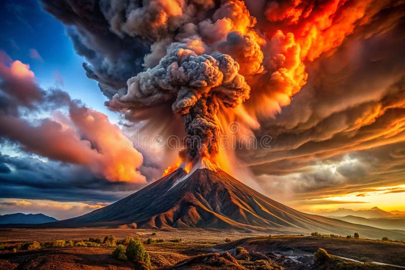 Dramatic Volcanic Eruption at Sunset, Massive Ash Cloud Stock ...