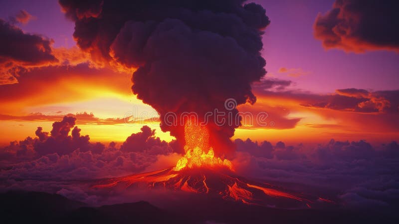 A Dramatic Volcanic Eruption at Sunset, Showcasing Vibrant Colors and ...