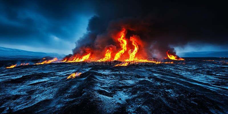 A Dramatic Volcanic Eruption with Vibrant Fire and Thick Smoke Against ...