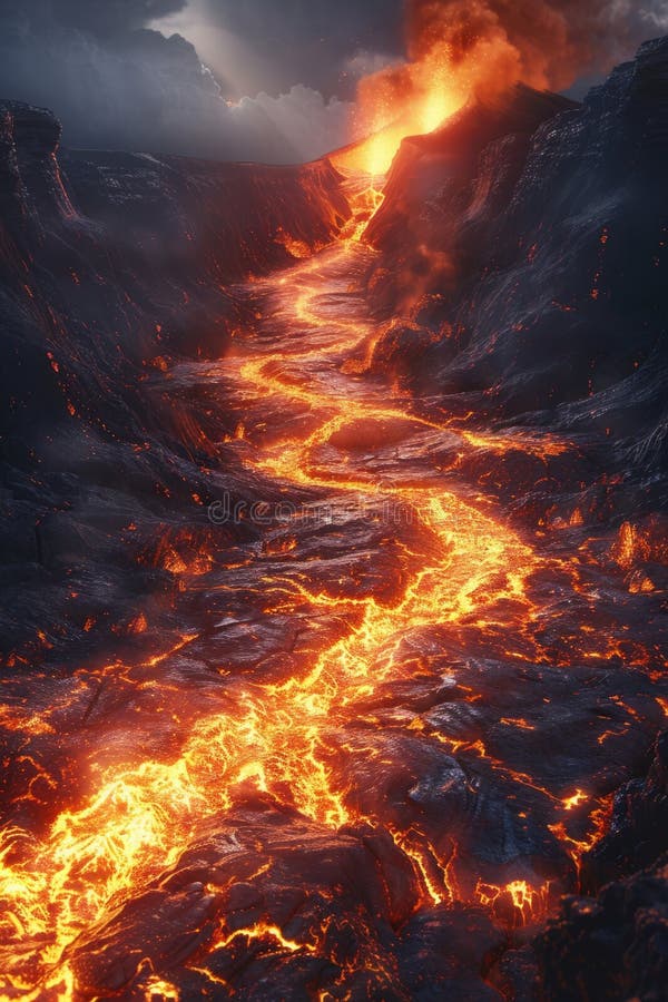 A Dramatic Volcanic Landscape Featuring a River of Molten Lava Flowing ...