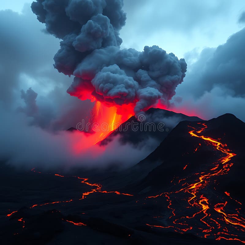 A Dramatic Volcanic Landscape with Flowing Lava and Glowing Ash Clouds ...