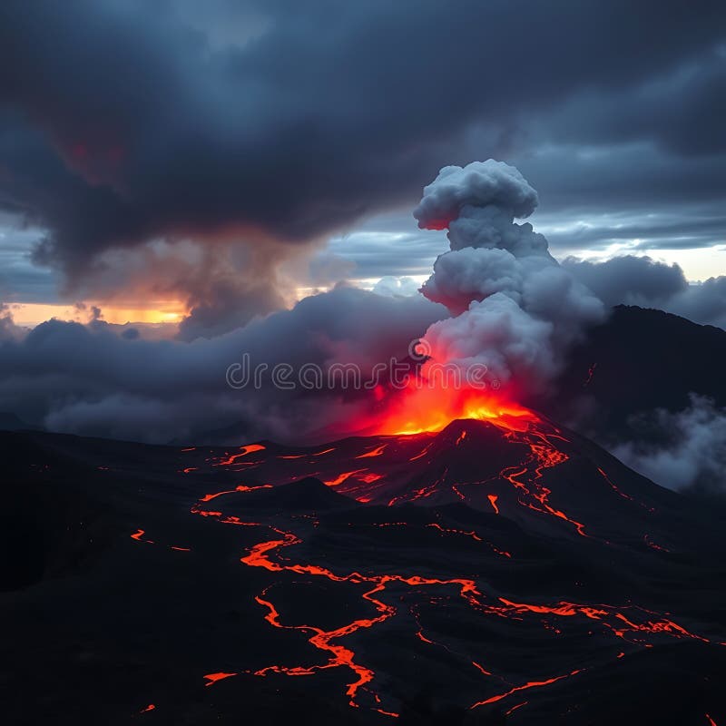 A Dramatic Volcanic Landscape with Flowing Lava and Glowing Ash Clouds ...