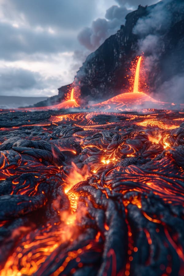 A Dramatic Volcanic Landscape with Glowing Lava Flows and Erupting ...